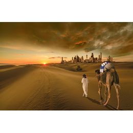 papermoon Fototapete "KUWAIT-STADT-W&Uuml;STE KAMEL D&Uuml;NEN SKYLINE STRAND MEER GOLF", B/L: 4,5m x 2,8m, Bahnen: 9 Stk., bunt, Schlafzimmer, Tapeten