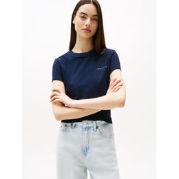 Tommy Jeans Damen Kurzarmshirt "TJW SLIM LINEAR SS TEE EXT", blau, Gr. M, unifarben, Jersey, Obermaterial: 100% Baumwolle, Shirts