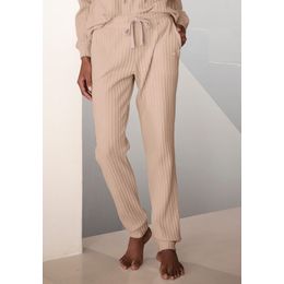 Lascana Damen Homewearhose, Gr. 32, beige, Rippware, Obermaterial: 56% Polyester, 41% Viskose, 3% Elasthan, meliert, unifarben, Hosen, Lounge-/