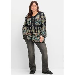 sheego Damen Longbluse, schwarz, Gr. 50, bedruckt, ethno, gemustert, mehrfarbig, 100% Viskose, Blusen