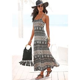 Lascana Damen Maxikleid "mit Ethnodruck und Spaghettitr&auml;gern", schwarz, Gr. 46, bedruckt, ethno, Jersey, Obermaterial: 100% Viskose, Kleider,