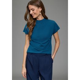 Laura Scott Damen T-Shirtpetrol, Gr. 44, unifarben, Single Jersey, Obermaterial: 60% Baumwolle, 40% Polyester, Shirts, mit Stehkragen und melierter