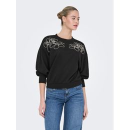 Only Damen Sweatshirt "ONLBROOKE L/S O-NECK DETAIL SWT NOOS"schwarz detail:ecru draw flower, Gr. S, Sweatware, Obermaterial: 60% Baumwolle, 40%