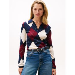 Tommy Hilfiger Damen Strickpullover "CO ARGYLE POLO-NK SWEATER"argyle deep rouge, schwarz night navy, Gr. L, kariert, Strick, Obermaterial: 100%