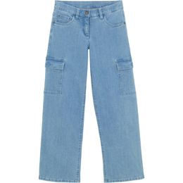 bonprix M&auml;dchen Cargojeans "Weite Cargo-Jeans Mid Waist", blau, Gr. 164, Obermaterial: 82% Baumwolle, 17% Polyester, 1% Elasthan, Jeans, Loose Fit,