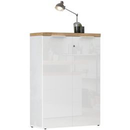 Aktenschrank Home Affaire "Easy H 115 cm, B&uuml;roschrank, Mehrzweckschrank mit 2 T&uuml;ren", wei&szlig; hochglanz lack, eiche cadiz dekor, B:81cm H:115cm T:34cm, FSC-zertifizierter Holzwerkstoff, Schr&auml;nke, Metallgriffe, abschlie&szlig;bar, Top 38 mm stark