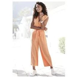 Overall Lascana, Damen, Gr. 44, N-Gr, orange (peach), Web, Obermaterial: 85% Viskose, 15% Leinen, unifarben, figurumspielend lang, V-Ausschnitt, Overalls Overall, und Taschen, sommerlicher Jumpsuit, casual-chic