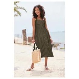Sommerkleid Lascana, Damen, Gr. 40, N-Gr, gr&uuml;n (khaki), Web, Obermaterial: 58% Viskose, 28% Baumwolle, 14% Leinen, unifarben, figurumspielend Midi, V-Ausschnitt, Kleider Sommerkleid, aus Leinenmix mit Baumwolle, Midikleid, Strandkleid