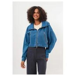 Jeansjacke FRESHLIONS "Juliana", Damen, Gr. XL, blau (dunkelblau), 100% Baumwolle, unifarben, normal, hoch geschlossener Ausschnitt, Jacken Jeansjacke, im kuscheligen Design mit Kapuze