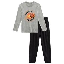 Pyjama AUTHENTIC LE JOGGER, Jungen, Gr. 182, grau (grau meliert, schwarz), Jersey, Obermaterial: 100% Baumwolle, meliert, unifarben, Basic, bequem lang, Rundhals, abgesteppte Kante, Homewear-Sets Pyjama, Schlafanzug mit Basketball-Aufdruck