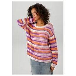 Strickpullover Aniston CASUAL, Damen, Gr. 42, bunt (wollwei&szlig;, rosa, lila, orange), Strick, Obermaterial: 50% Baumwolle, 50% Polyacryl, geringelt, gestreift, l&auml;ssig geschnitten h&uuml;ftlang, Rundhals, Rippstrickb&uuml;ndchen, Pullover Strickpullover, im extravagantem Streifen-Dessin