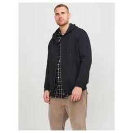 Jack & Jones PlusSize Kapuzensweatjacke "JJEBRADLEY mit Kapuze und weichem Innenmaterial", Damen, Gr. 5XL, schwarz, angeraute Sweatware, Obermaterial: 61% Polyester, 39% Baumwolle, JACK & JONES PLUSSIZE, unifarben, relaxed fit normal, ohne Ausschnitt, Rippb&uuml;ndchen, Sweatjacken, unifarben, modisch, relaxed fit, Materialmix