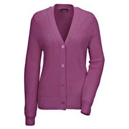 Strickjacke GOLDNER "Elegante Strickjacke mit V-Ausschnitt", Damen, Gr. 38, lila (maulbeere), Obermaterial: 70% Polyacryl PAN. 30% Schurwolle WV., V-Ausschnitt, Rippe, Strickjacken Strickjacke, Hochwertige Strickminderungen