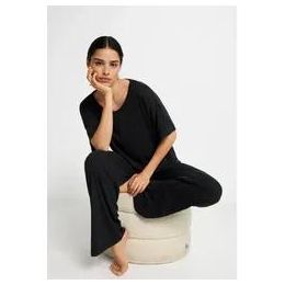 Pyjama LSCN BY LASCANA, Damen, Gr. 32/34, schwarz, Rippware, Obermaterial: 63% Polyester, 33% Viskose, 4% Elasthan, unifarben, loose fit h&uuml;ftlang, Rundhals, weit abgesteppt, Homewear-Sets Pyjama, mit kleiner Zierknopfleiste an der Hose