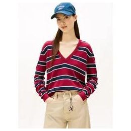 Tommy Hilfiger V-Ausschnitt-Pullover TOMMY JEANS "TJW ESSENTIAL VNECK SWEATER EXT", Damen, Gr. XXL (44), lavish cerise, multi stripe, Strick, Obermaterial: 100% Baumwolle, gestreift, normal normal, V-Ausschnitt, Rippstrickb&uuml;ndchen, Pullover, mit Logostickerei