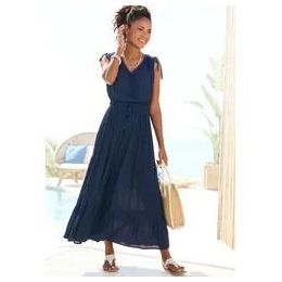 Maxikleid Lascana, Damen, Gr. 38, N-Gr, blau (marine), Cr&ecirc;pe, Obermaterial: 100% Viskose, unifarben, figurumspielend kn&ouml;chelfrei, V-Ausschnitt, Kleider Maxikleid, mit tiefem Ausschnitt aus gekreppter Viskose