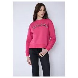 Rundhalspullover STREET ONE STUDIO, Damen, Gr. 40, schwarz candy pink, Web, 60% Baumwolle, 40% Polyester, unifarben, normal normal, Rundhals, elastischer Bund, Pullover Rundhalspullover, mit Wording