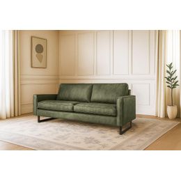3-Sitzer Home Affaire "Pinto, 206 cm, Cord, Chenille, Lederoptik", gr&uuml;n, B:206cm H:85cm T:97cm, Kunstleder (65% Polyester, 35% Lederfasern);Cord (92% Polyester, 8% Polyamide), Sofas, 3-Sitzer, mit Keder, schwarze Metallf&uuml;&szlig;e, Wellenunterfederung