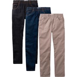 Schlupfhose bonprix "Regular Fit Schlupfhose aus reiner Baumwolle, Straight (3er-Pack)", Jungen, Gr. 146, N-Gr, schwarz (schwarz denim, dunkelblau denim, taupe), Obermaterial: 100% Baumwolle, regular fit, Hosen Schlupfhose, aus Baumwolle, mit elastischem Gummizugbund, Regular Fit, Topseller