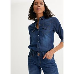 Jeansbluse bonprix, Damen, Gr. 38, blau, Denim/Jeans, Obermaterial: 100% Baumwolle, Abriebeffekte, unifarben, schmal normal, 1-Knopf-Manschette krempelbar, Blusen Jeansbluse, schmale Passform, aus reiner Baumwolle, mit Druckknopfleiste, Topseller