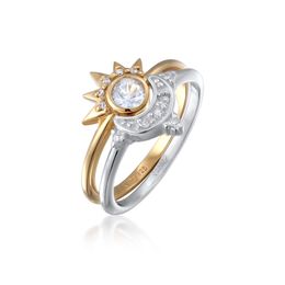 Ring-Set Elli "Ring Mond Sonne Zirkonia 2er Set 925 Sterling Silber vergoldet" Gr. 58, bunt (zweifarbig), Fingerringe, Damen, 58, Silber 925 (Sterlingsilber), Ring-Set