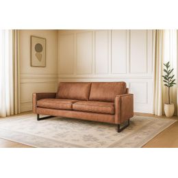 3-Sitzer Home Affaire "Pinto, 206 cm, Cord, Chenille, Lederoptik", braun (cognac), B:206cm H:85cm T:97cm, Kunstleder (65% Polyester, 35% Lederfasern);Cord (92% Polyester, 8% Polyamide), Sofas, 3-Sitzer, mit Keder, schwarze Metallf&uuml;&szlig;e, Wellenunterfederung