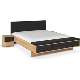 Bettanlage Rauch "Bett Doppelbett Komfortbett Funktionsbett APOLLON", eiche artisan, schwarz oak, B:265cm H:100cm T:243cm, Holzwerkstoff, Schlafzimmerm&ouml;bel-Sets, Bettanlage, Polster-Kopfteil in Lederoptik black, 2x Nachttische MADE IN GERMANY