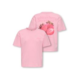 T-Shirt KIDS Only "KOGHELEN LIFE S/S LOOSE TEE JRS NOOS", M&auml;dchen, Gr. 122/128, romance rose print:strawberry, Jersey, Obermaterial: 100% Baumwolle, bedruckt, unifarben, loose fit h&uuml;ftbedeckend, Rundhals, Shirts T-Shirt, mit gro&szlig;em R&uuml;ckendruck