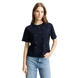 T-Shirt Tom Tailor Denim, Damen, Gr. M, navy pink heart embroidery, Jersey, Obermaterial: 100% Baumwolle, bedruckt, regular fit normal, Rundhals, gerader Abschluss, Shirts T-Shirt, mit All-Over Print