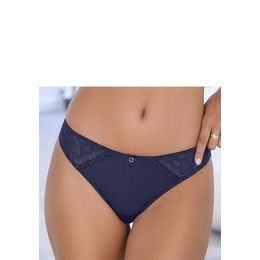 Lascana Tanga 'Evita' blau Gr. 32/34 f&uuml;r Damen. Mit Schmuckelement, Schleife, Spitze