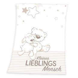 Herding Babydecke &raquo;Kleiner Lieblingsmensch&laquo; mit Teddy und Schaf, Kuscheldecke wei&szlig; Kunstfaser