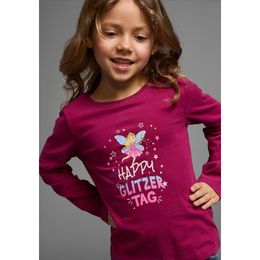 Kidsworld M&auml;dchen Kidsworld Langarmshirt &raquo;Mit Spruch: Happy Glitzer Tag&laquo; Langarm, h&uuml;ftlange Passform, Rundhalsausschnitt rot 92/98