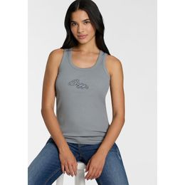 BOSS Orange Damen BOSS Orange Ripptanktop &raquo;Ematite Stonebadge Premium Damenmode&laquo; mit aufgesticktem Logo, glitzernd blau S