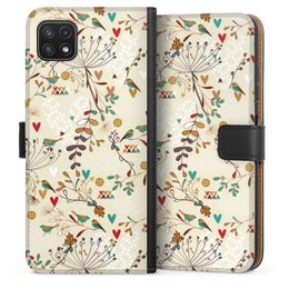 DeinDesign Galaxy A22 5G Handy Klapph&uuml;lle Handyh&uuml;lle aus Kunst Leder schwarz Flip Case Flowers Bird Retro Sideflip mit langer Lasche