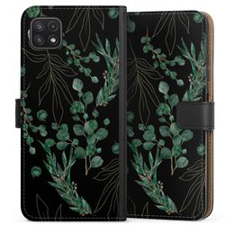 DeinDesign Galaxy A22 5G Handy Klapph&uuml;lle Handyh&uuml;lle aus Kunst Leder schwarz Flip Case Eukalyptus Leaves Nature Sideflip mit langer Lasche