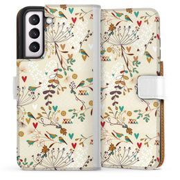 DeinDesign Galaxy S21 FE 5G Handy Klapph&uuml;lle Handyh&uuml;lle aus Kunst Leder wei&szlig; Flip Case Retro Flowers Bird Sideflip mit Lasche