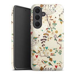 DeinDesign Galaxy S25 FE Handy Panzer Handyh&uuml;lle robuste Outdoor H&uuml;lle Schutzh&uuml;lle gl&auml;nzend Retro Flowers Bird Tough Case