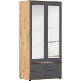 Dreht&uuml;renschrank Rauch "Kleiderschrank Schrank Garderobe W&auml;scheschrank VOYAGER", eiche artisan, graumetallic, B:93cm H:194cm T:53cm, Holzwerkstoff, Schr&auml;nke, Dreht&uuml;renschrank, mit modernen Griffen in Graumetallic, inkl. Schubk&auml;sten und Spiegel