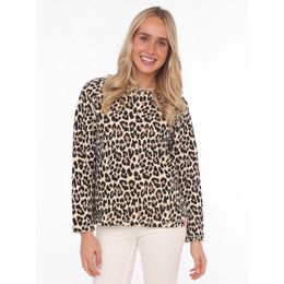 Sweater Zwillingsherz "Leo allover", Damen, Gr. SM (S/M), beige, Sweatware, Obermaterial: 50% Baumwolle, 50% Polyester, animal-print, comfort fit h&uuml;ftlang, Rundhals, Sweatshirts Sweater, mit animalischem Printdesign