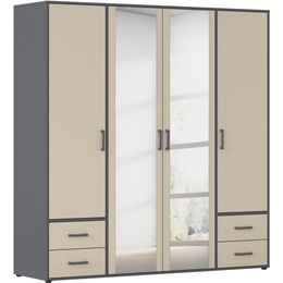 Dreht&uuml;renschrank Rauch "Kleiderschrank Schrank Garderobe W&auml;scheschrank VOYAGER", beige (champagner), graumetallic, B:187cm H:194cm T:53cm, Holzwerkstoff, Schr&auml;nke, Dreht&uuml;renschrank, mit modernen Griffen in Graumetallic, inkl. Schubk&auml;sten und Spiegel