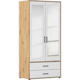 Dreht&uuml;renschrank Rauch "Kleiderschrank Schrank Garderobe W&auml;scheschrank VOYAGER", eiche artisan, alpinwei&szlig;, B:93cm H:194cm T:53cm, Holzwerkstoff, Schr&auml;nke, Dreht&uuml;renschrank, mit modernen Griffen in Graumetallic, inkl. Schubk&auml;sten und Spiegel