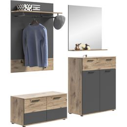 Garderoben-Set Home Affaire "Riga, Breite 195 cm, hochwertige Rillenfr&auml;sung, 4-teilig, best. aus:", grau (nox oak nb, basalt grau nb, nox oak mdf tz), B:195cm H:200cm T:38cm, Kastenm&ouml;bel-Sets, Sitzbank, Paneel, Garderobenspiegel, Schuhkommode