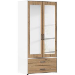 Dreht&uuml;renschrank Rauch "Kleiderschrank Schrank Garderobe W&auml;scheschrank VOYAGER", alpinwei&szlig;, eiche artisan, B:93cm H:194cm T:53cm, Holzwerkstoff, Schr&auml;nke, Dreht&uuml;renschrank, mit modernen Griffen in Graumetallic, inkl. Schubk&auml;sten und Spiegel
