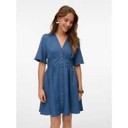 V&eacute;ro Moda Minikleid VERO MODA "VMMELANEY 2/4 SHORT DRESS WVN NOOS", Damen, Gr. M, N-Gr, blau (schwarz denim detail:melange), Web, Obermaterial: 100% Polyester, meliert, kurz, V-Ausschnitt, Kleider Minikleid, Sommerkleid, Kunsfaser, taillierte Form