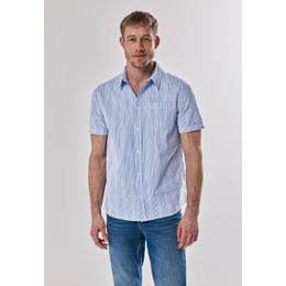 Kurzarmhemd Street One MEN, Herren, Gr. L (42), US-Gr&ouml;&szlig;en, classic chambray, Web, 100% Baumwolle, gestreift, gerade normal, V-Ausschnitt, B&uuml;ndchen, Hemden, aus reiner Baumwolle