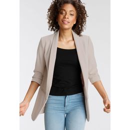 Kurzblazer Only "ONLELLA &ndash; Femininer Blazer mit 3/4-&Auml;rmeln und Raffung", Damen, Gr. 36, beige (oxford tan), Web, Obermaterial: 95% Polyester, 5% Elasthan. Futter: 100% Polyester, unifarben, V-Ausschnitt, Blazer Kurzblazer, regular fit, casual, Web, Kunstfaser, V-Ausschnitt
