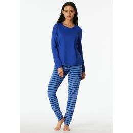 Schlafanzug Schiesser "Casual Essentials", Damen, Gr. 46, 819, blau, Single Jersey, Obermaterial: 100% Baumwolle, bequem lang, Rundhals, Homewear-Sets Schlafanzug, mit eingefasster, runder Halsausschnitt