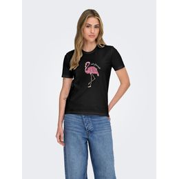 Kurzarmshirt Only "ONLKITA REG S/S PRINT TOP NOOS", Damen, Gr. M, schwarz print:flamingle, Jersey, Obermaterial: 100% Baumwolle, bedruckt, regular fit normal, Rundhals, Shirts