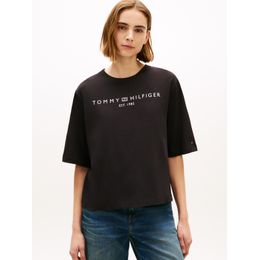 Langarmshirt Tommy Hilfiger "CORP LOGO TRAPEZE C-NK TEE", Damen, Gr. S (36/38), schwarz, Single Jersey, Obermaterial: 100% Baumwolle, unifarben, regular fit, Rundhals, Shirts Langarmshirt