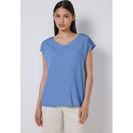 Shirtbluse STREET ONE STUDIO, Damen, Gr. 34, blau (sunset blau), Stoff, 100% Viskose, unifarben, normal normal, V-Ausschnitt, abgesteppt, Blusen, mit V-Ausschnitt